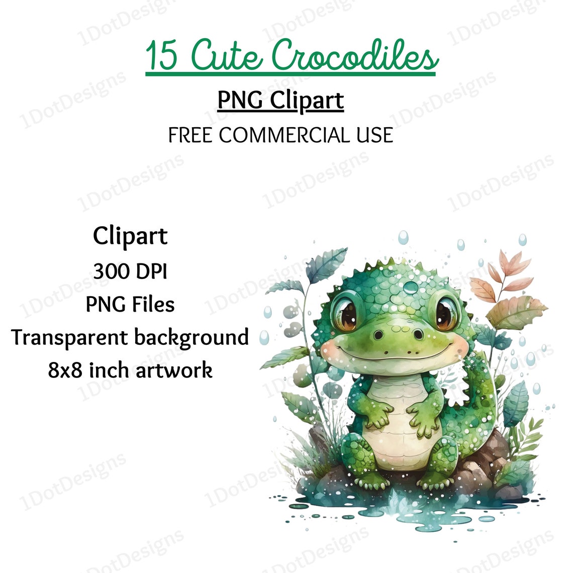 Cute Baby Crocodile Clipart Bundle, Crocodile PNG, Dino Png, Watercolor ...