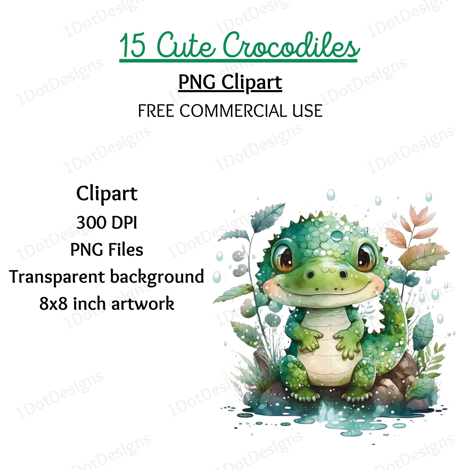 Cute Baby Crocodile Clipart Bundle, Crocodile PNG, Dino Png, Watercolor ...