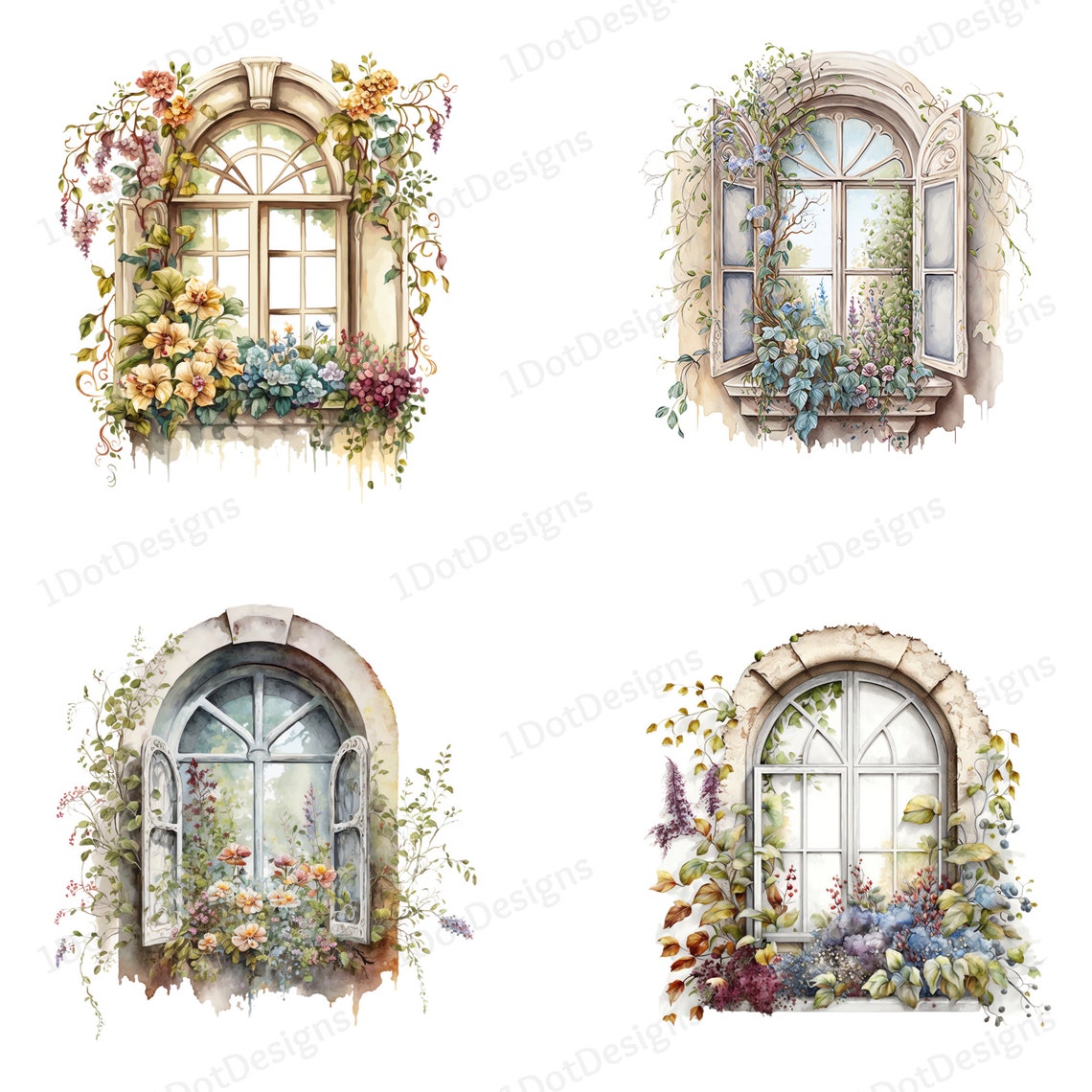 French Floral Window Clipart Bundle, Window Clipart, Watercolor Clipart ...