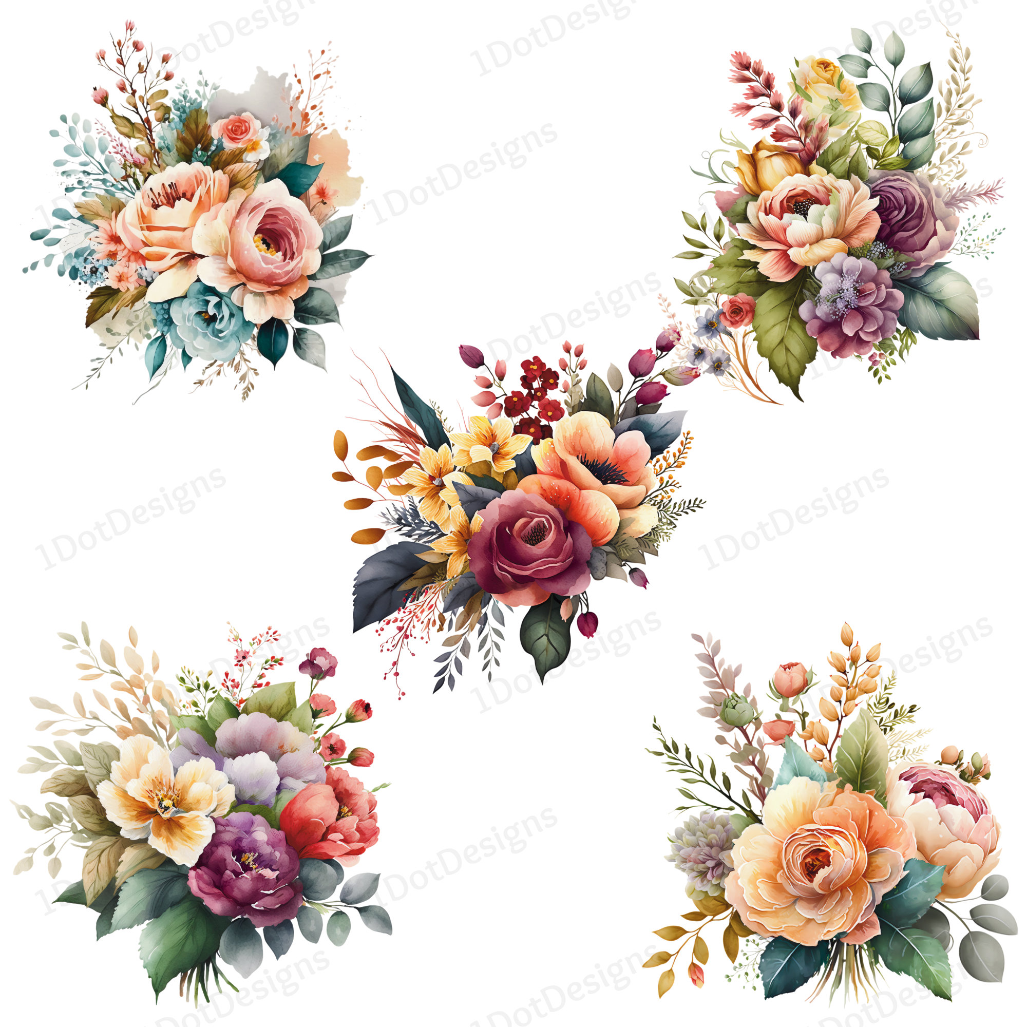 Mixed Flower Bouquet Clipart Bundle, Floral PNG, Watercolor Clipart ...