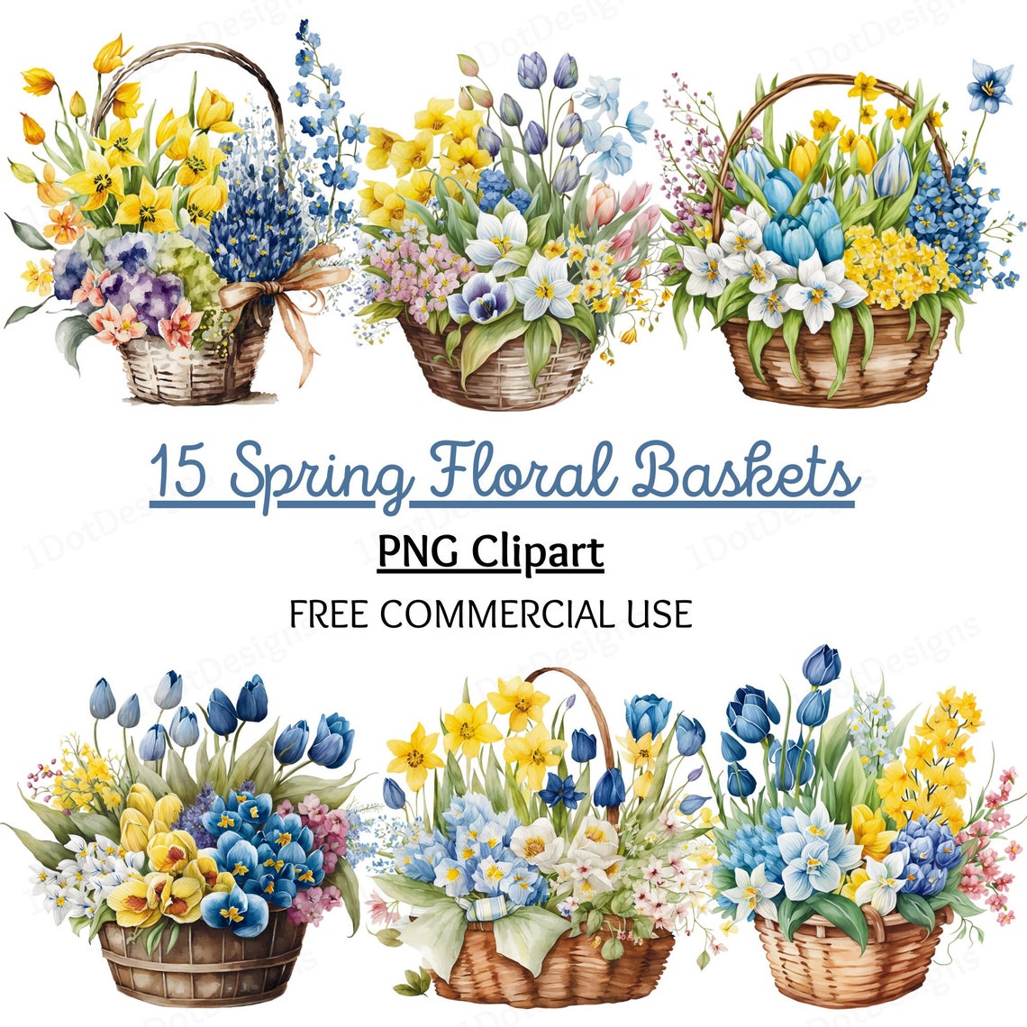 Spring Floral Basket Clipart Bundle, Floral PNG, Watercolor Clipart ...