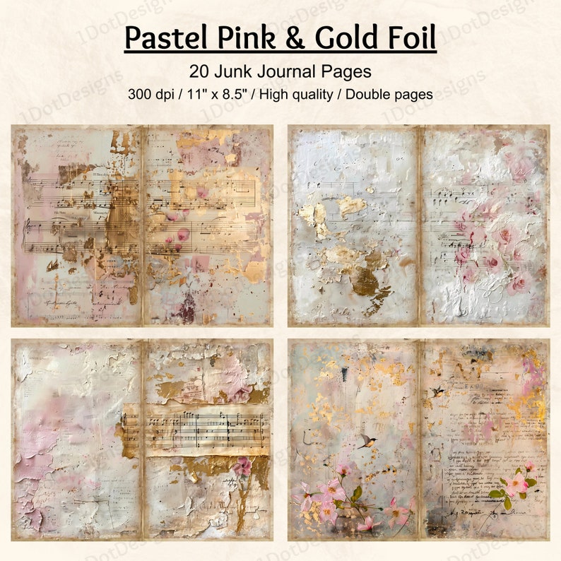 Pastel Pink and Gold Foil Journal Pages, Printable Scrapbook Paper ...