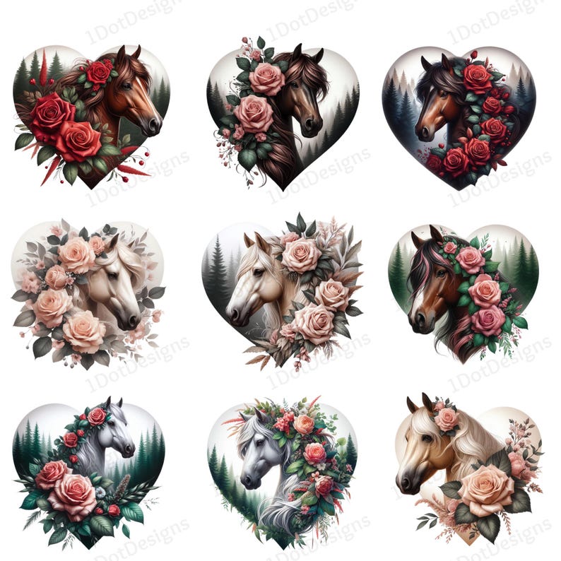 Watercolor Horses With Roses Clipart: Floral Horse PNG (digital ...