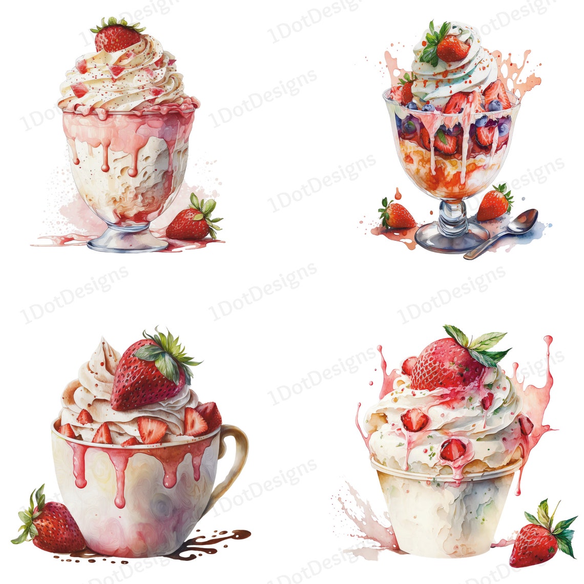 Strawberry Icecream Clipart Bundle, Summer PNG, Watercolor Clipart ...
