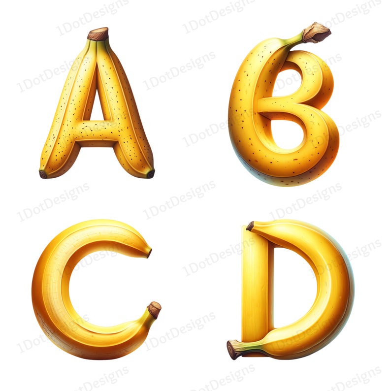 Watercolor Banana Alphabet Clipart Bundle, PNG Letters (digital ...