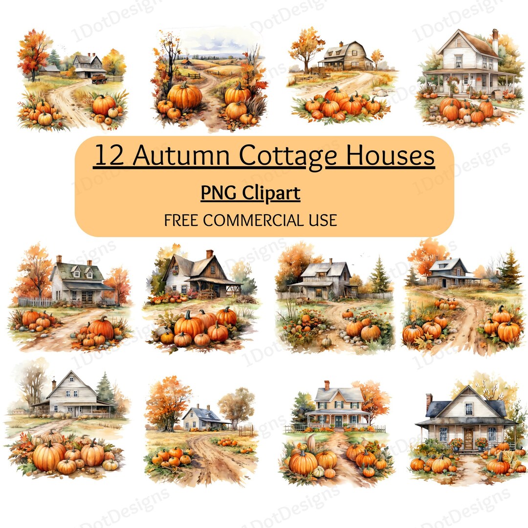 Autumn Cottage House Clipart Bundle, Halloween PNG, Pumpkin Landscape ...