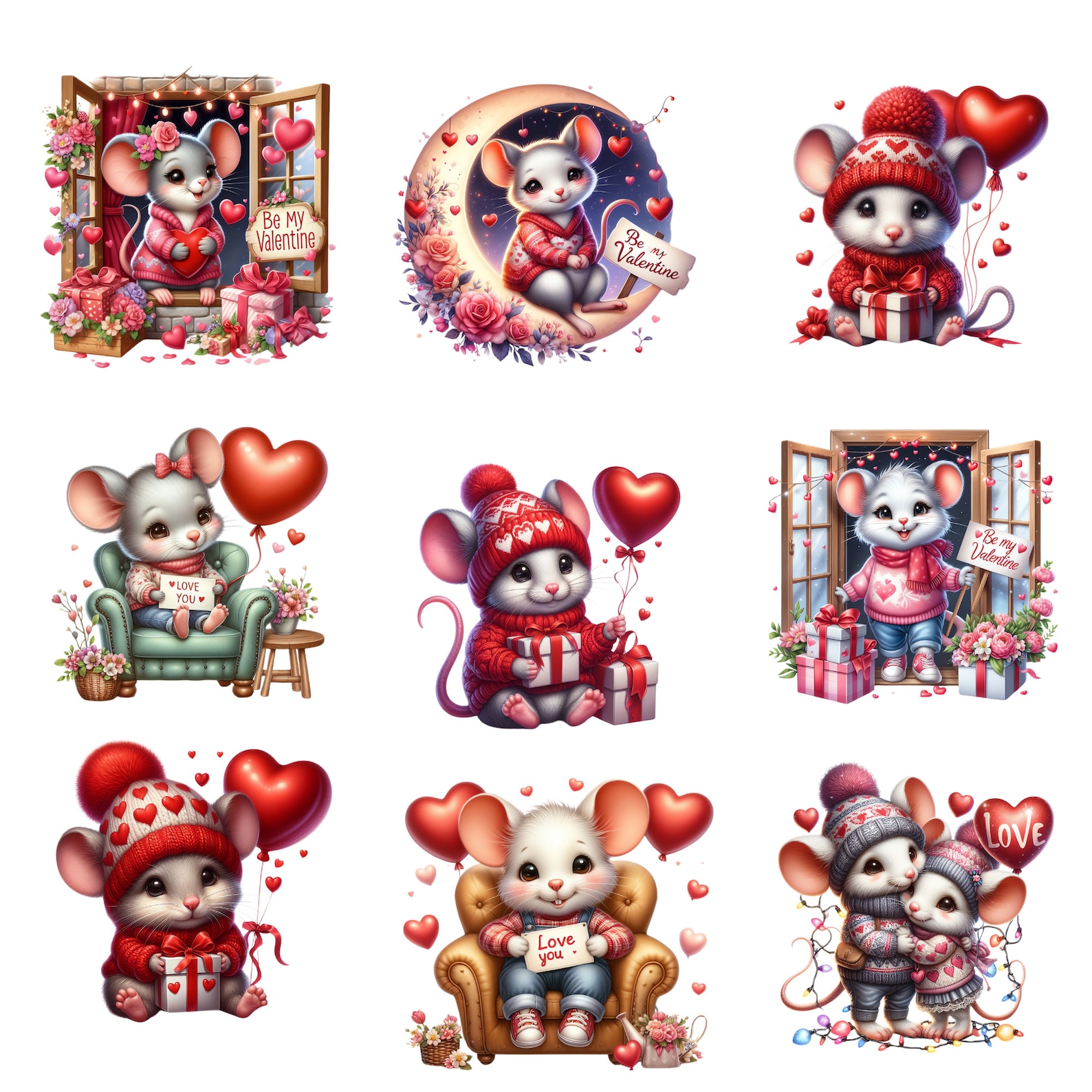 Valentine Mouse Clipart Bundle, Valentines Day Clipart, Love Clipart ...