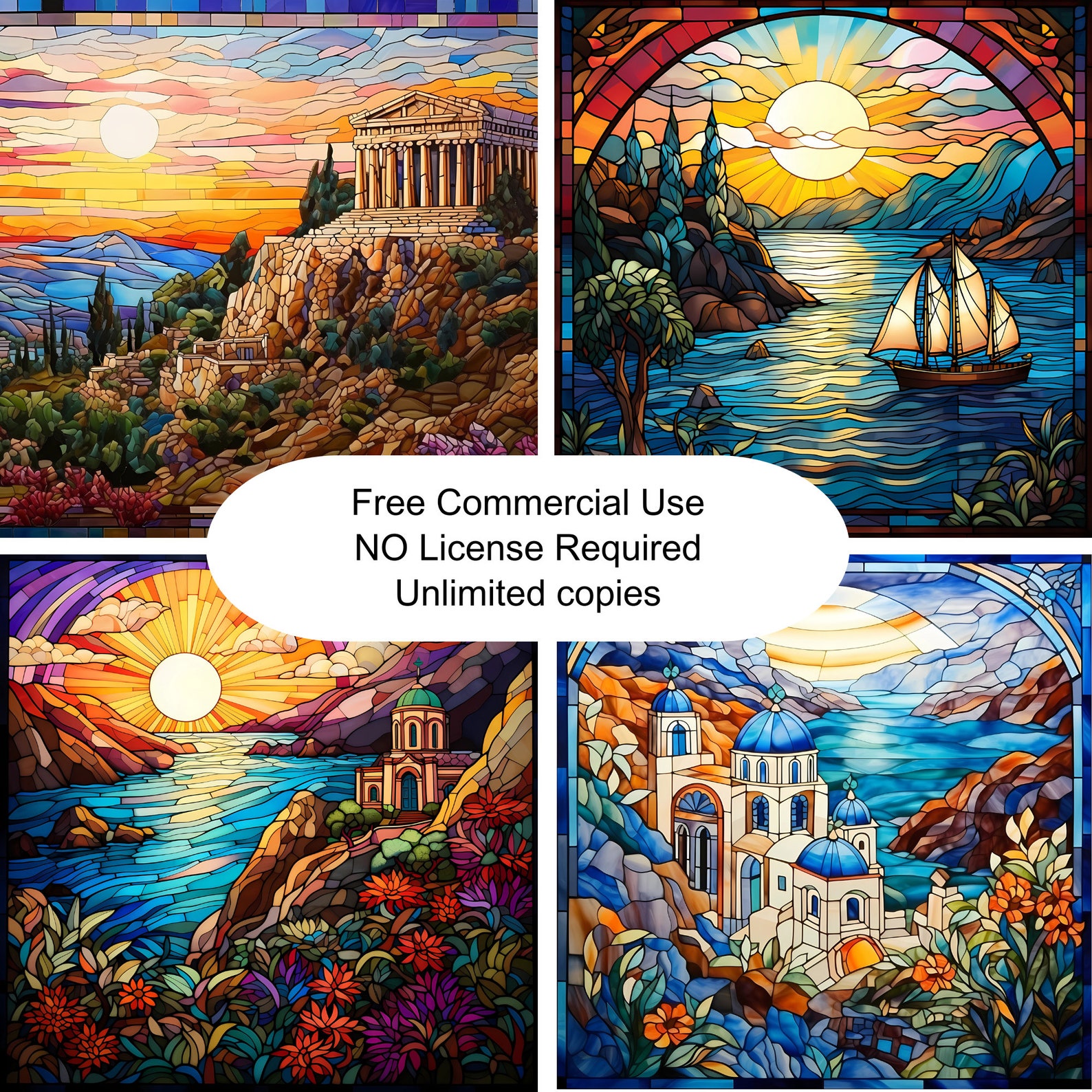 Stained Glass Greece Scenery Digital Paper, 20 Jpgs (digital Download ...