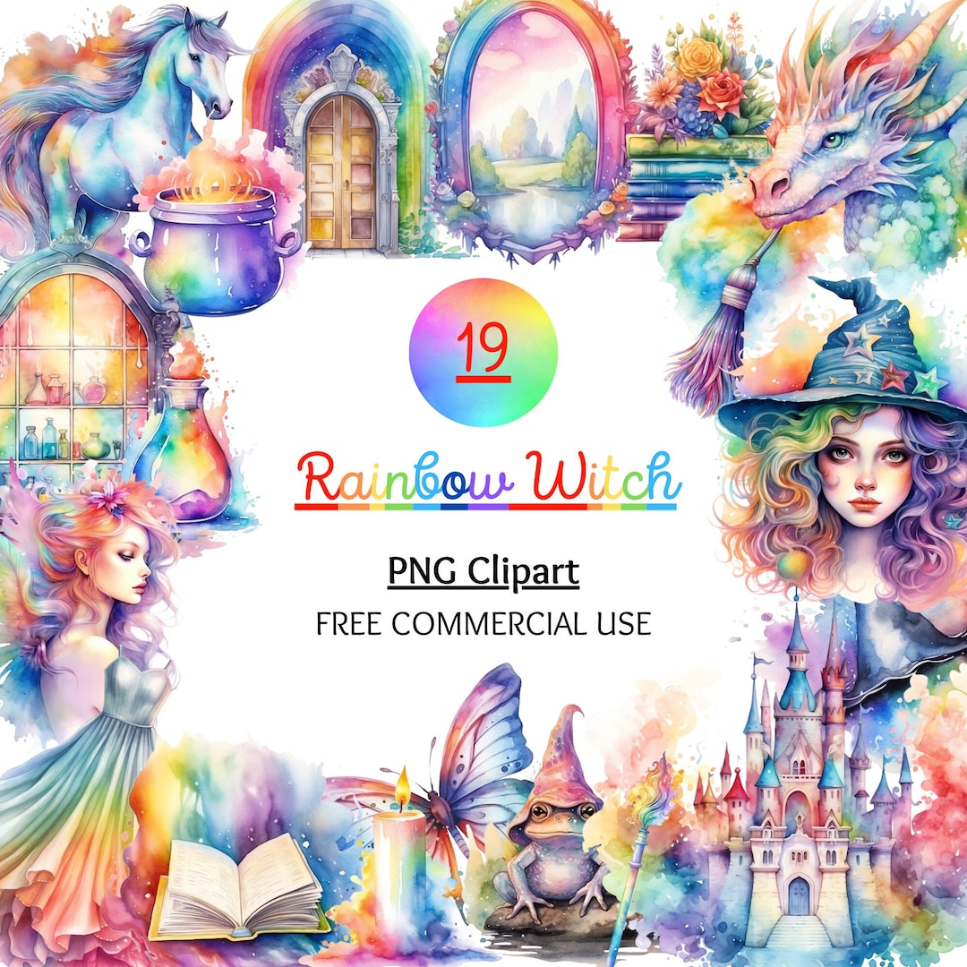 Rainbow Witch Clipart, Pastel Rainbow, Pastel Witch, Witch Clipart, Halloween Clipart, Witchcore ...