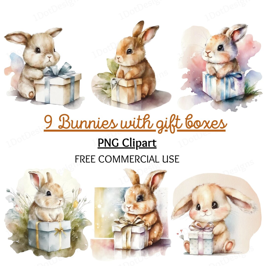 Bunny With Gift Box Clipart Bundle, Watercolor Clipart, Cute Bunnies ...