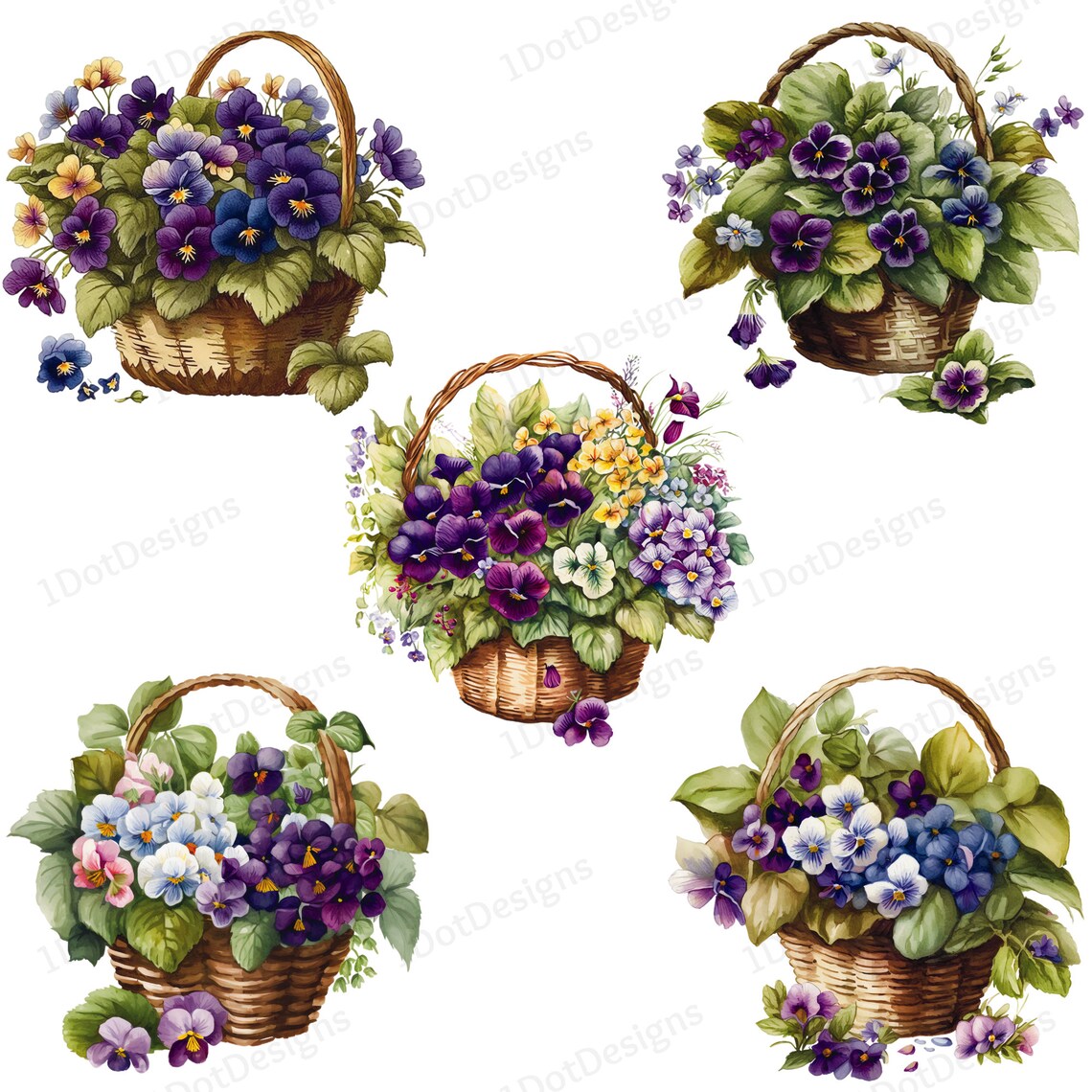 Violet Basket Clipart Bundle, Violets PNG, Watercolor Clipart, Floral ...
