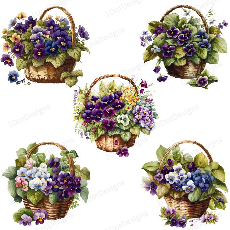 Violet Basket Clipart Bundle, Violets PNG, Watercolor Clipart, Floral ...
