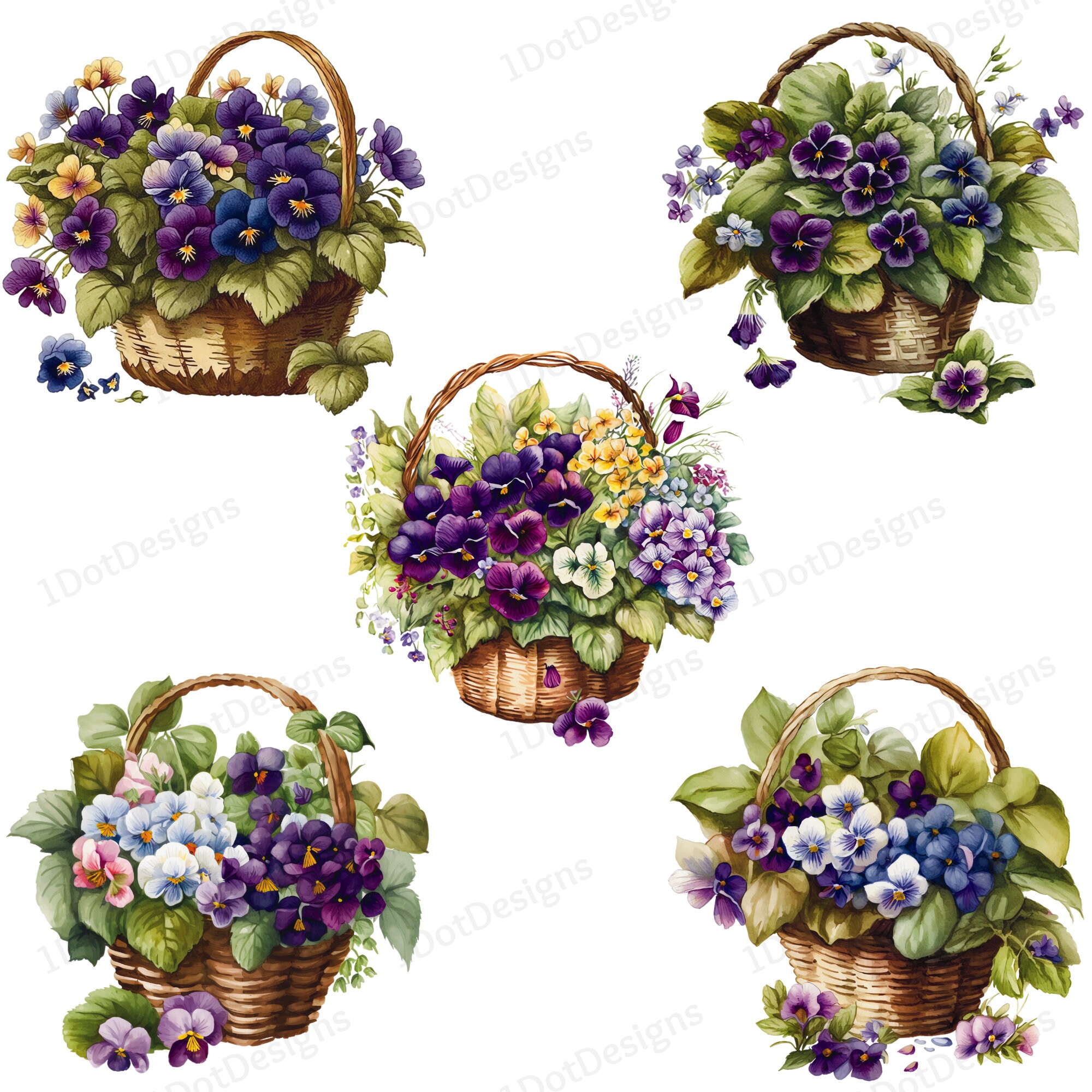 Violet Basket Clipart Bundle, Violets PNG, Watercolor Clipart, Floral ...