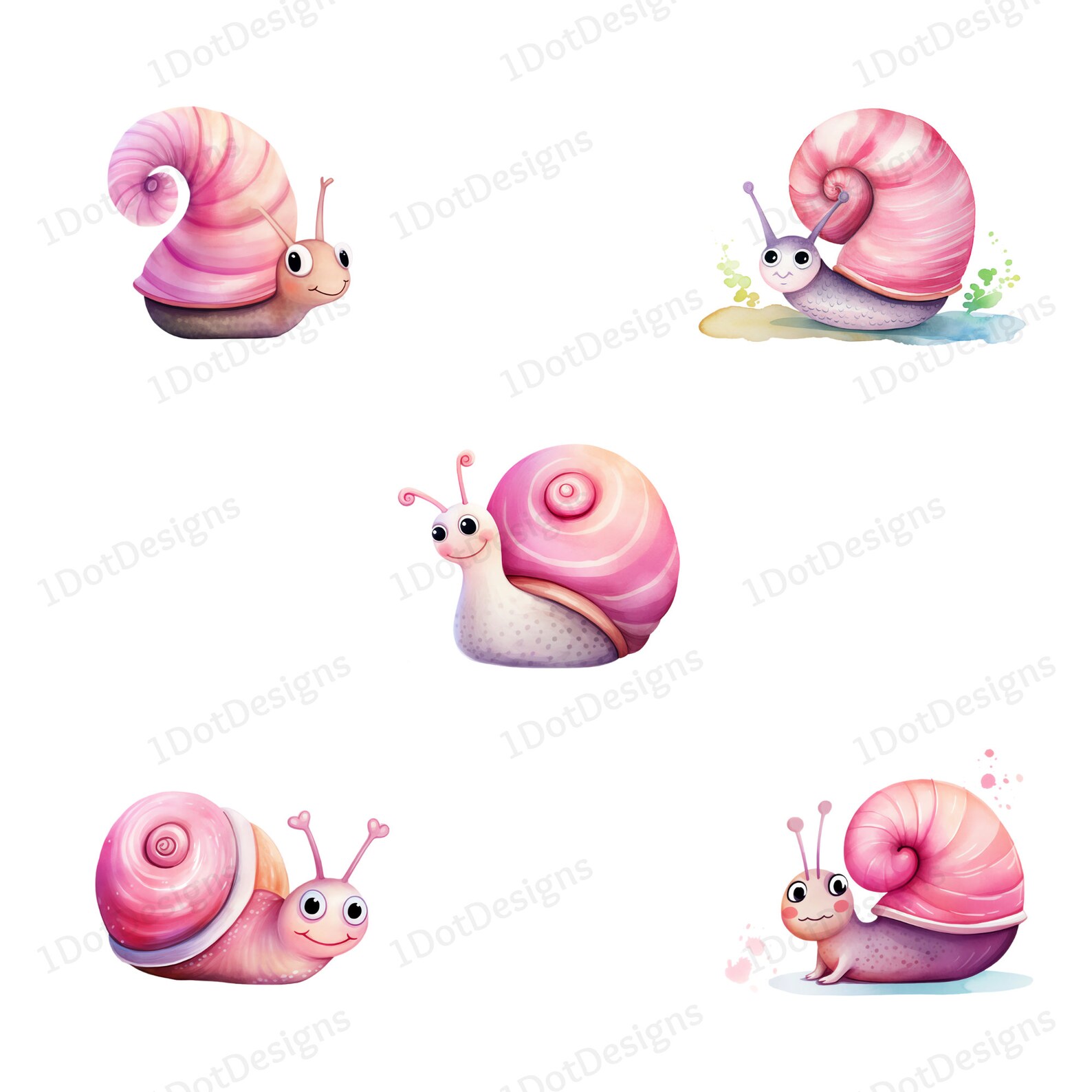 Cute Pink Snail Clipart Bundle, Nursery PNG, Pink Botanical Clipart ...