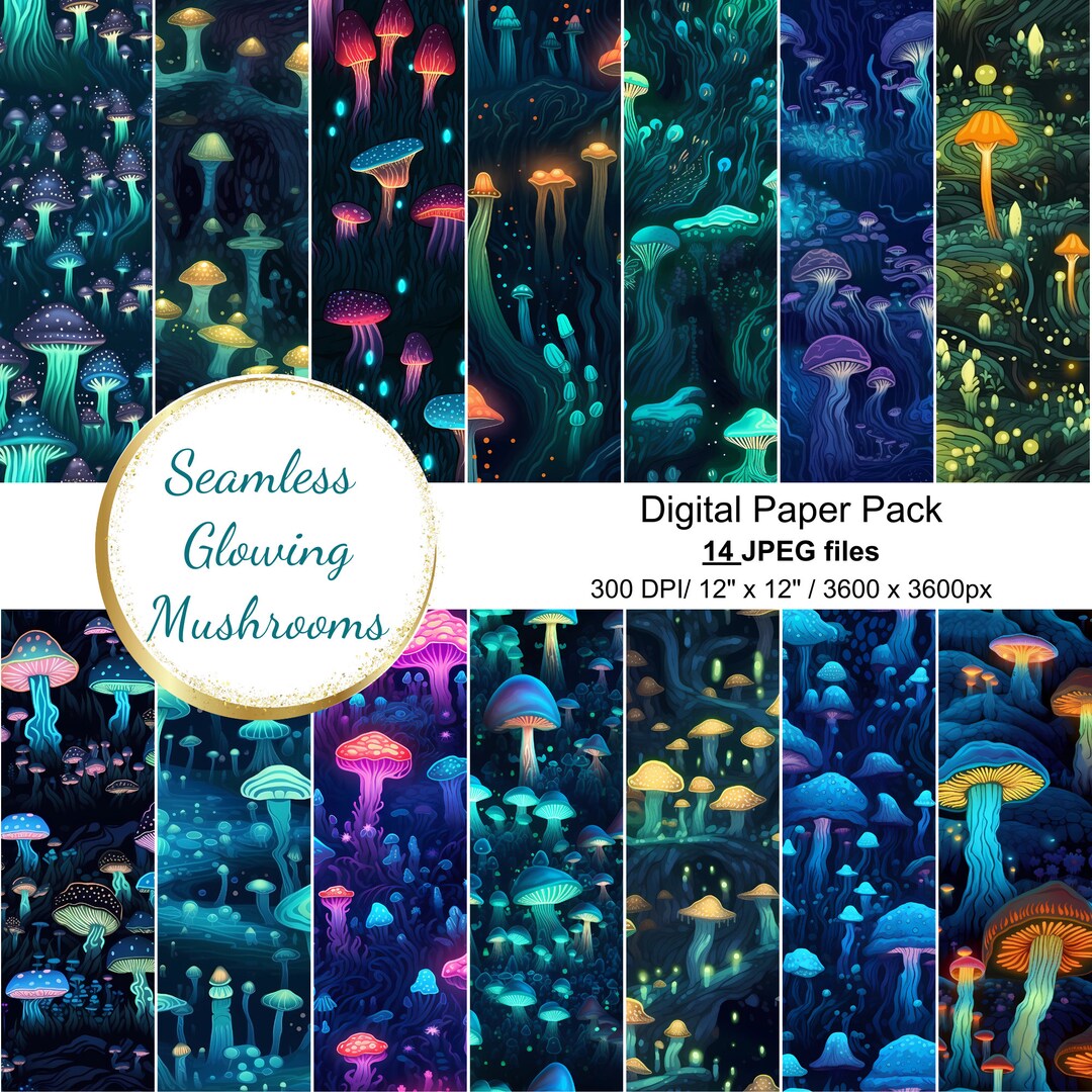 Magic Glowing Mushrooms Digital Paper, Seamless Pattern, Mystic ...