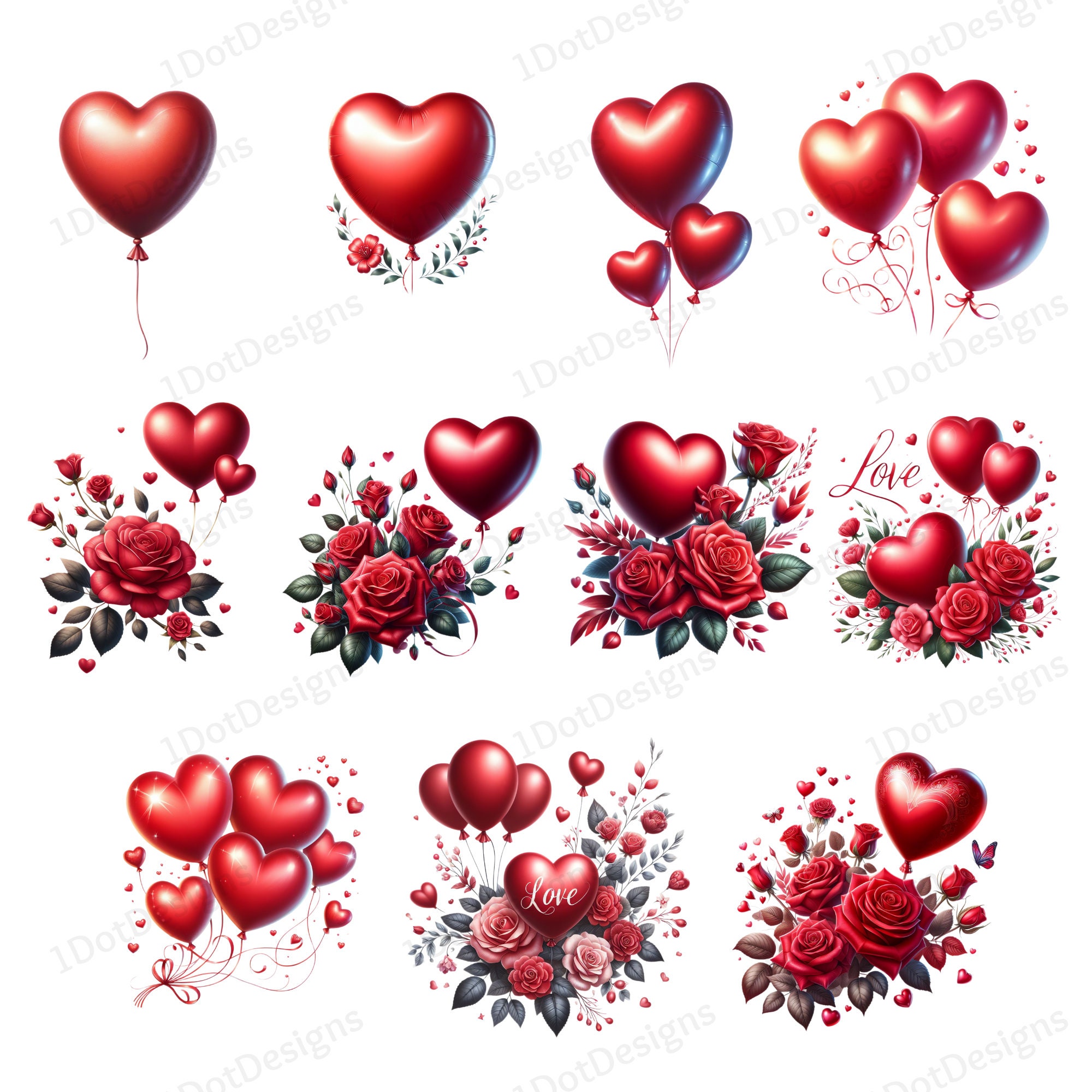 Heart Balloons Clipart Bundle, Valentines Day Clipart, Red Heart Png ...