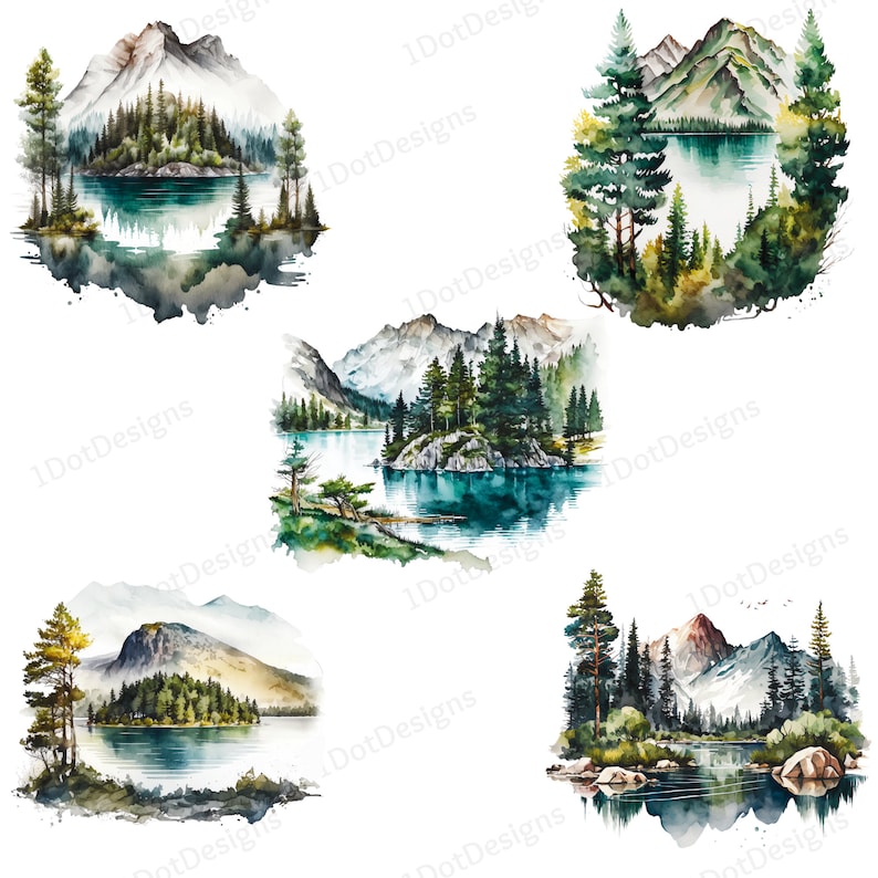 Watercolor Mountain Lake Clipart Bundle, Mountains PNG, Watercolor Clipart, Lake Clipart ...