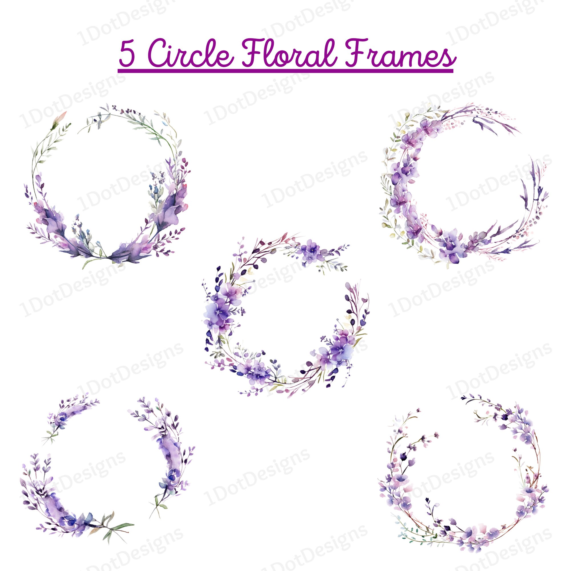 Purple Floral Frames Clipart Bundle, Watercolor PNG (digital Download ...