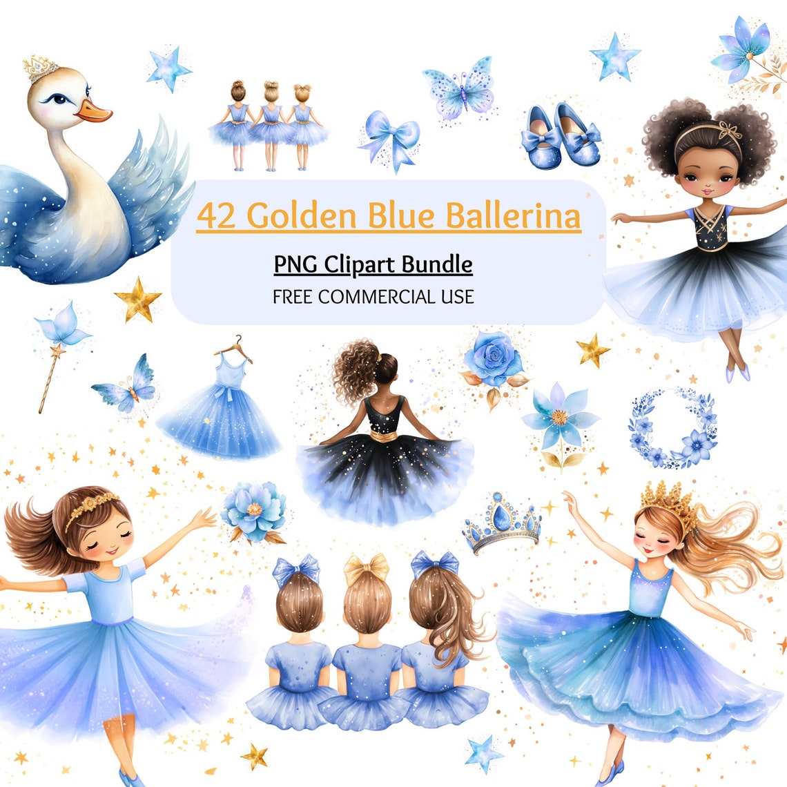 Golden Blue Ballerina Clipart Bundle, Swan Lake Clipart, Ballerina PNG ...