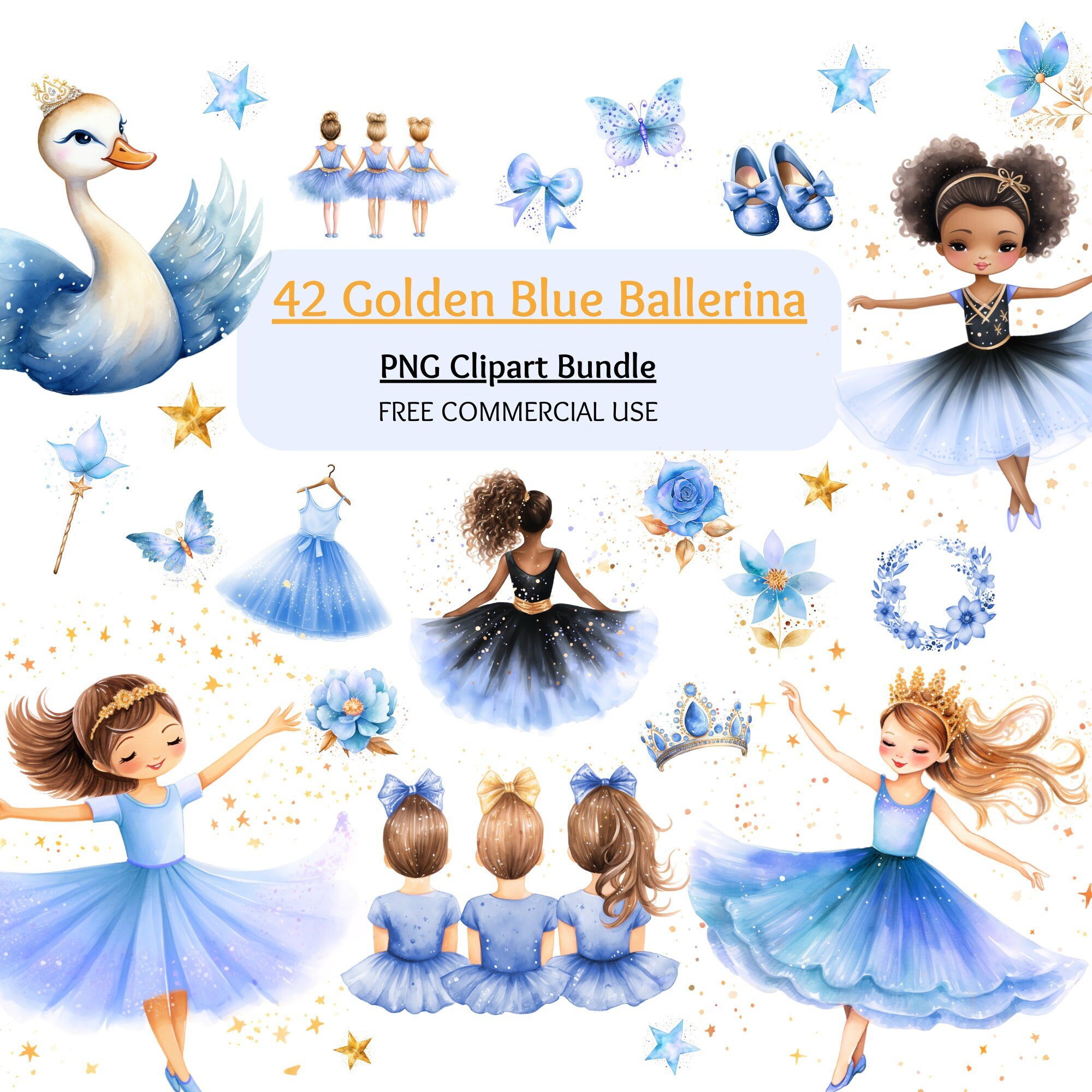 Golden Blue Ballerina Clipart Bundle, Swan Lake Clipart, Ballerina PNG ...