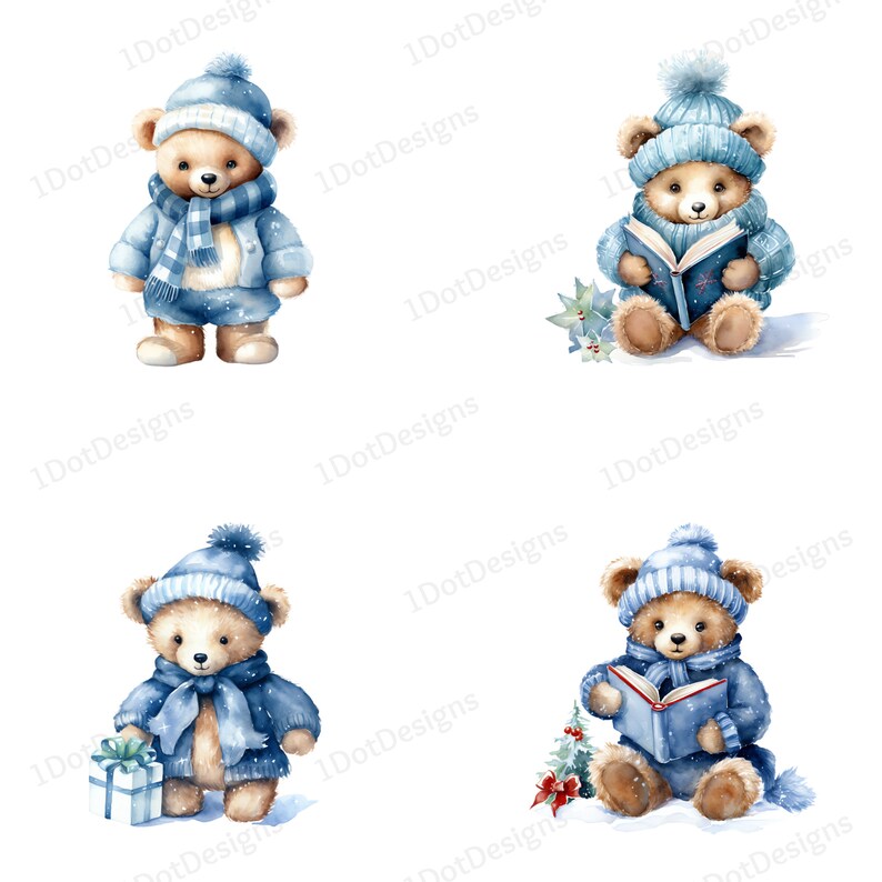 Winter Teddy Bear Clipart Bundle, Christmas PNG, Christmas Clipart, Blue Teddy Bear, Baby Boy ...