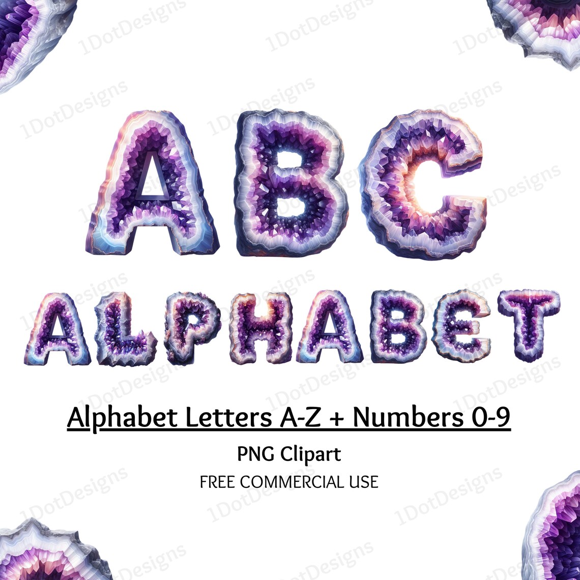 Amethyst Geode Alphabet Clipart Bundle, Watercolor PNG (digital ...