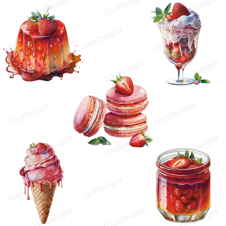 Watercolor Strawberry Dessert Clipart Bundle, Summer PNG (digital ...