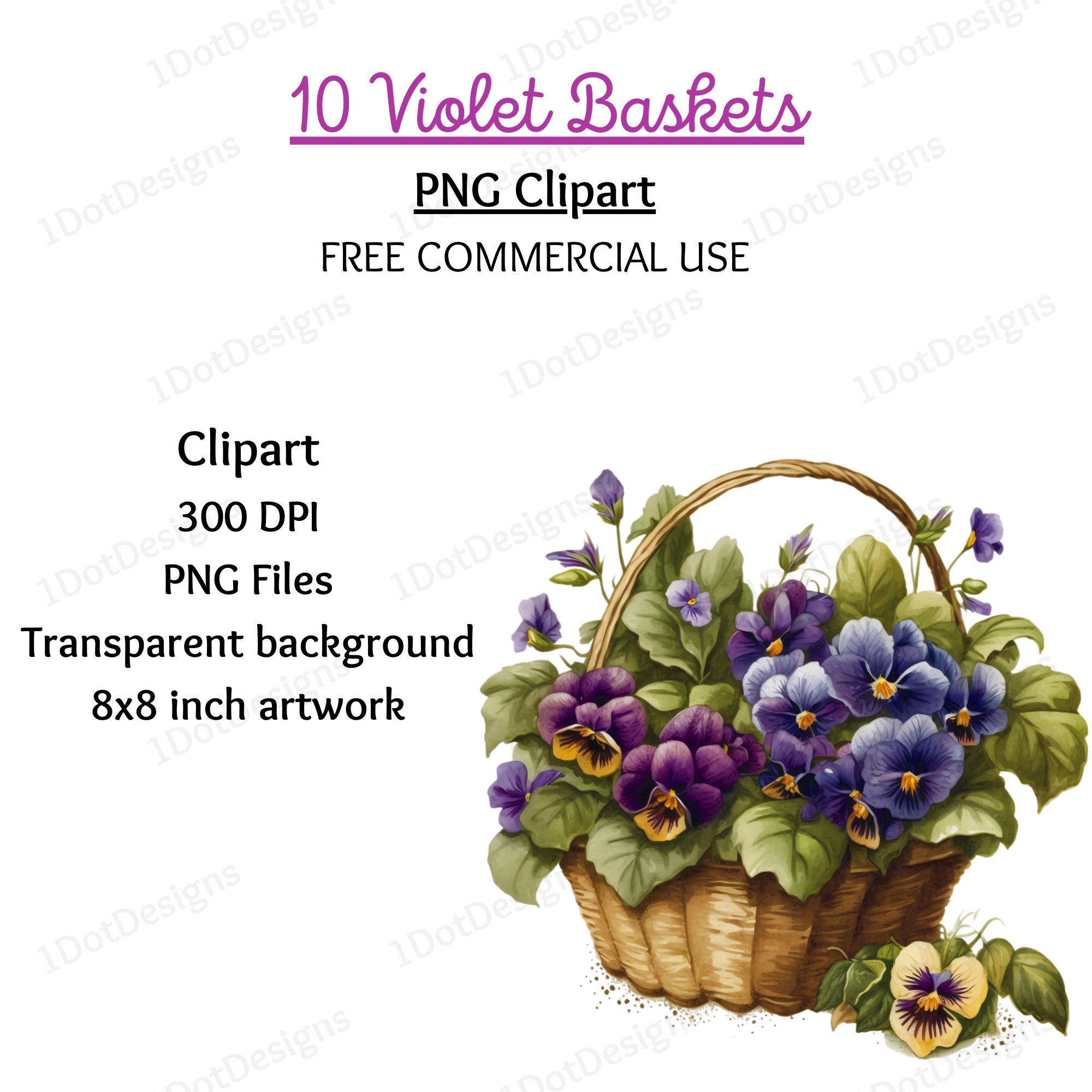 Violet Basket Clipart Bundle, Violets PNG, Watercolor Clipart, Floral ...