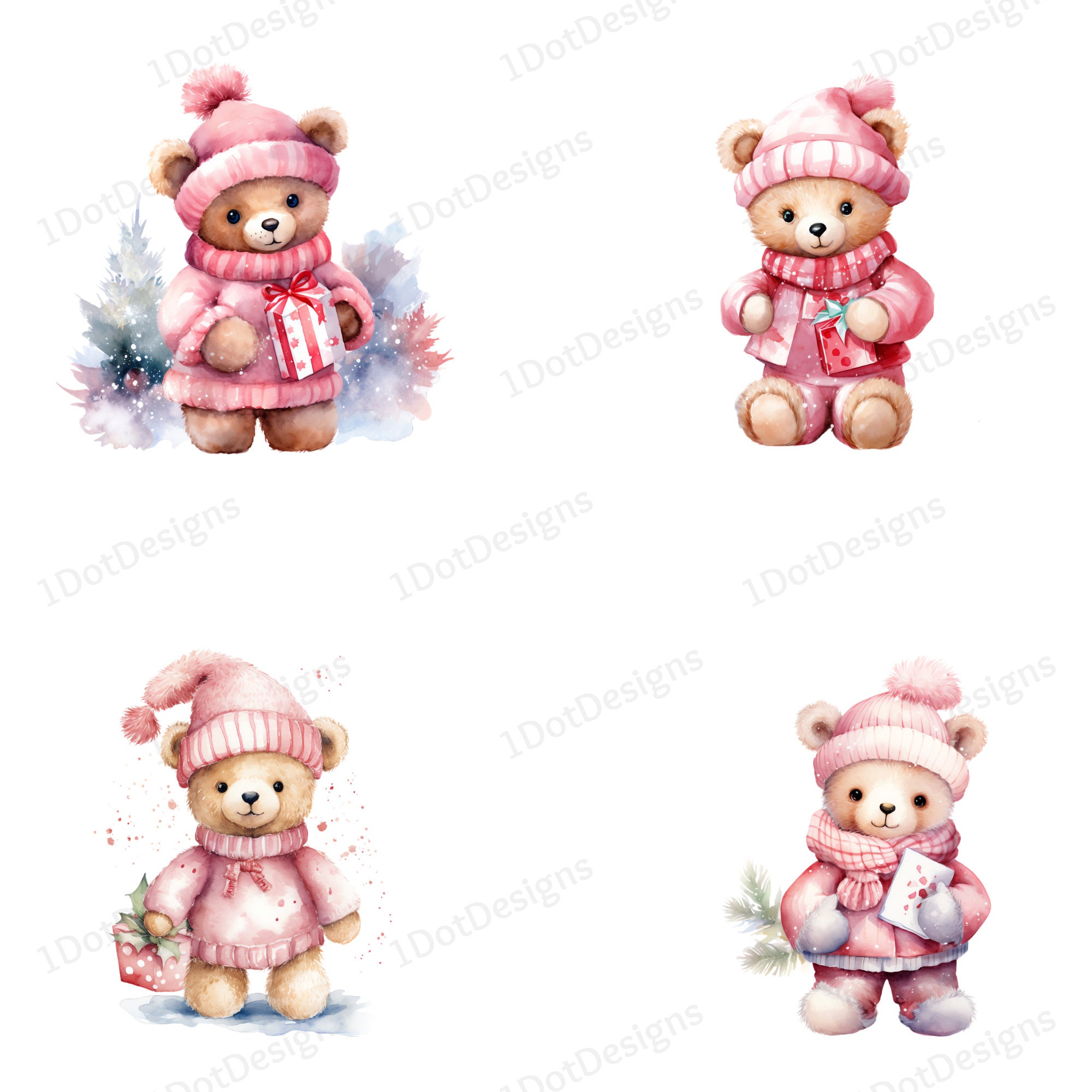 Pink Winter Teddy Bear Clipart Bundle, Christmas PNG, Christmas Clipart ...