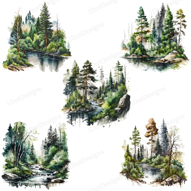 Watercolor Forest River Clipart Bundle, Forest PNG, Watercolor Clipart ...