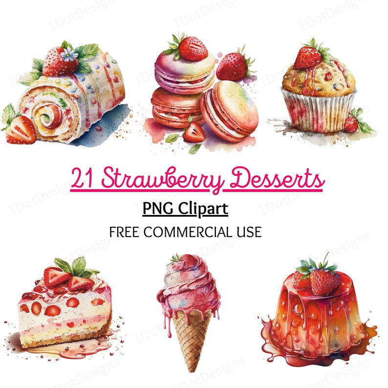 Watercolor Strawberry Dessert Clipart Bundle, Summer PNG (digital ...