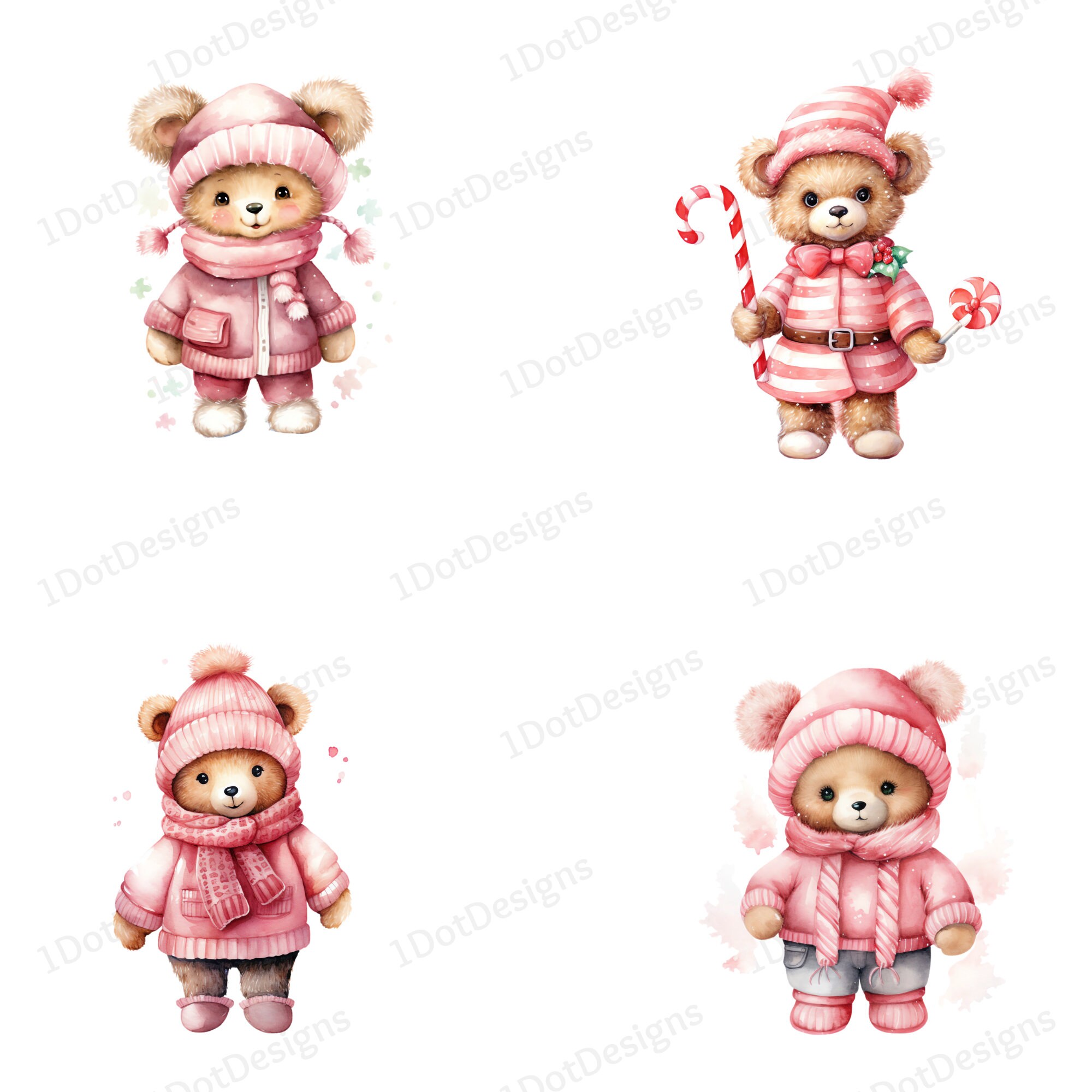 Pink Winter Teddy Bear Clipart Bundle, Christmas PNG, Christmas Clipart ...