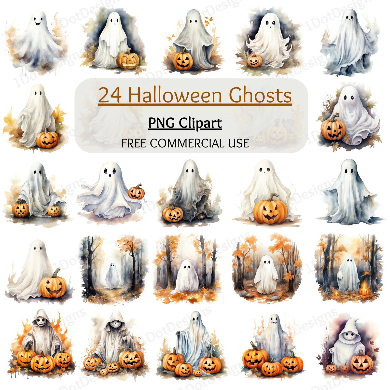 Watercolor Halloween Ghost Clipart, Spooky PNG (digital Download) - Etsy