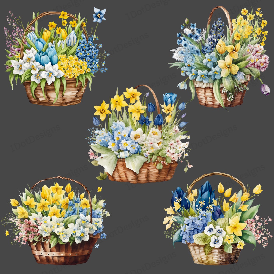 Spring Floral Basket Clipart Bundle, Floral PNG, Watercolor Clipart ...