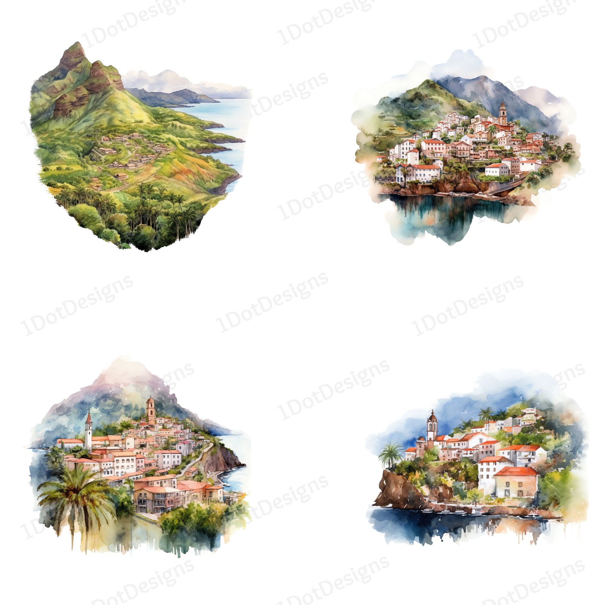 Mountain Town Clipart Bundle, Island PNG, Watercolor Clipart, Nature ...