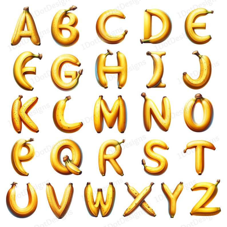 26 Banana Alphabet Clipart Bundle, Banana PNG, Letters Clipart, Fancy ...
