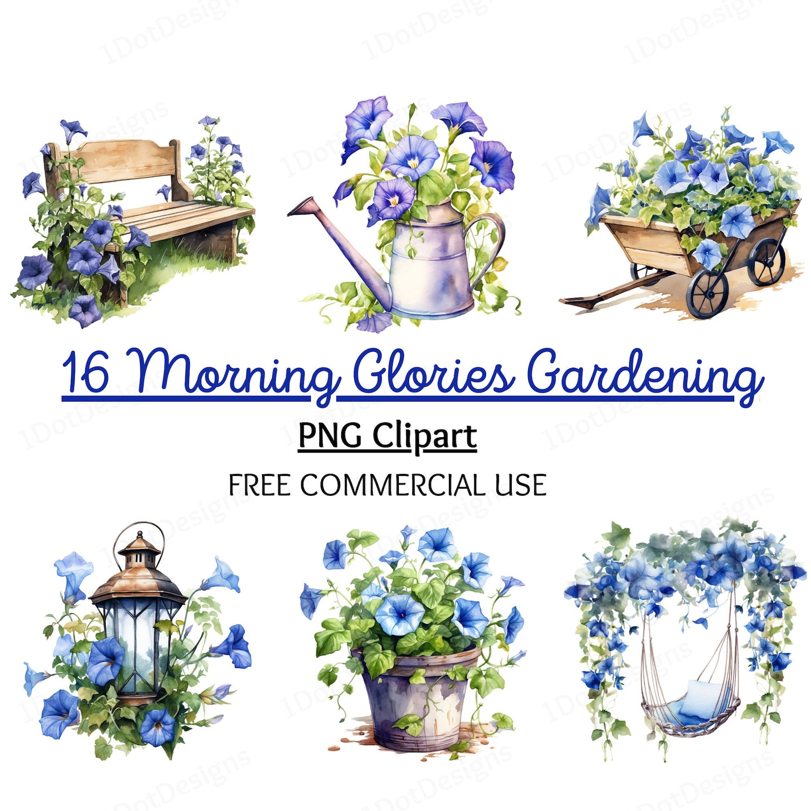 Watercolor Floral Garden Clipart Bundle, Morning Glories PNG ...