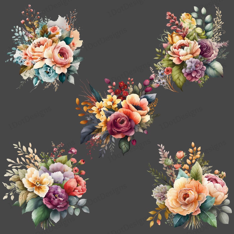 Watercolor Flower Bouquet Clipart, Floral PNG Bundle (digital Download ...