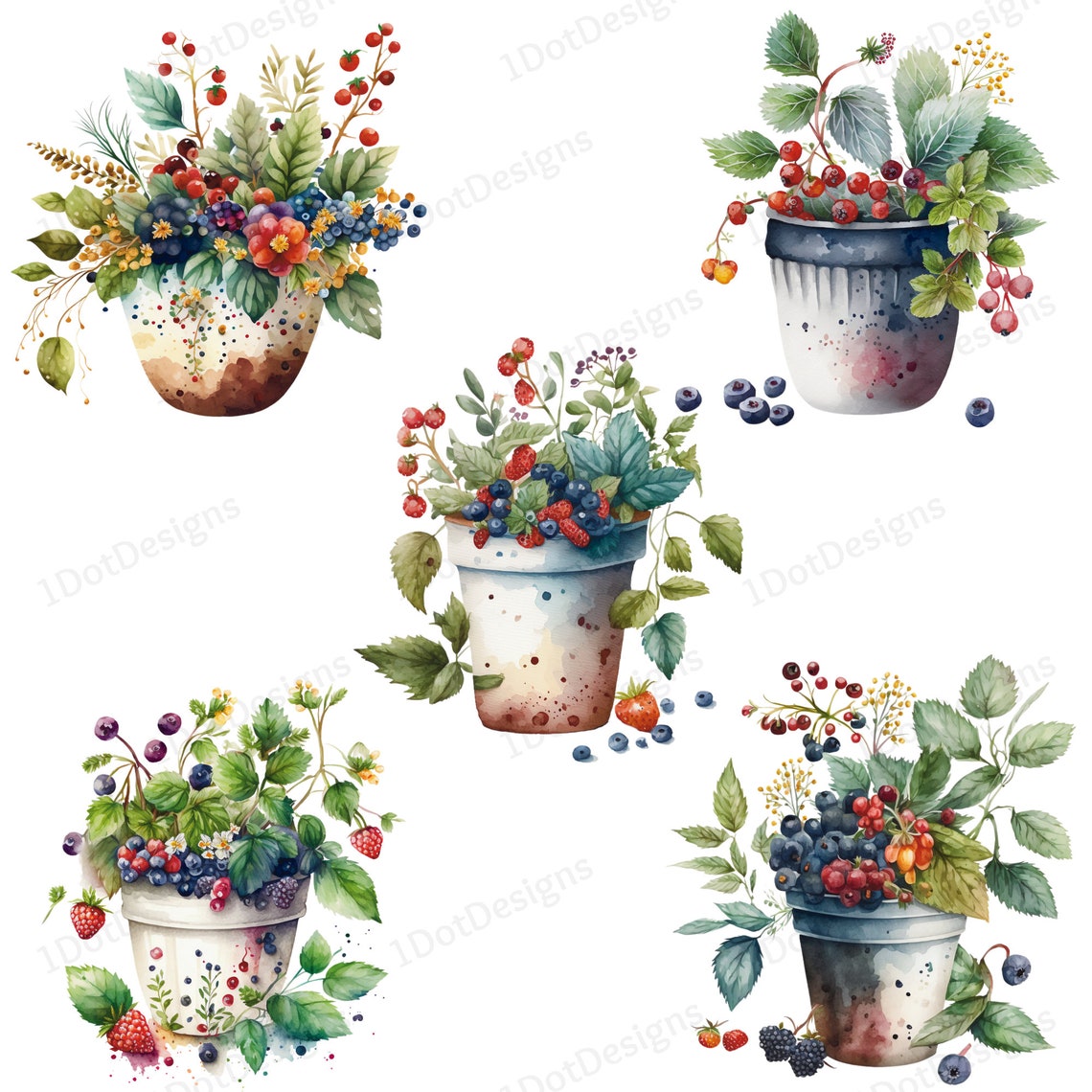Berry Pot Clipart Bundle, Summer PNG, Watercolor Clipart, Fruit Clipart ...