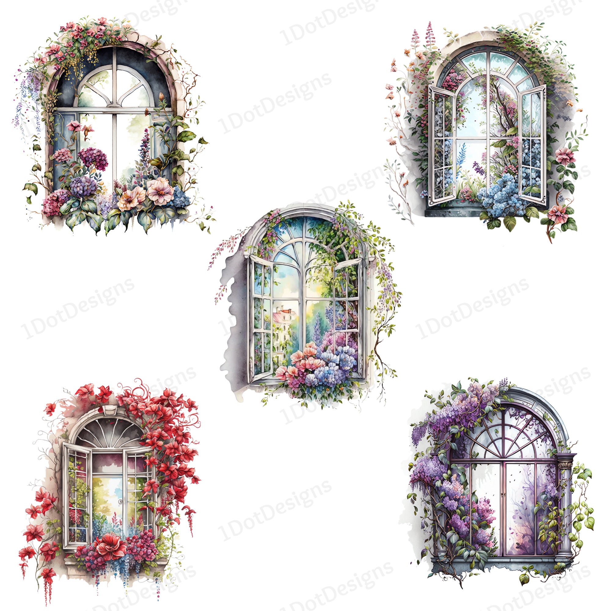 Floral Window Clipart Bundle, Window Clipart, Watercolor Clipart ...