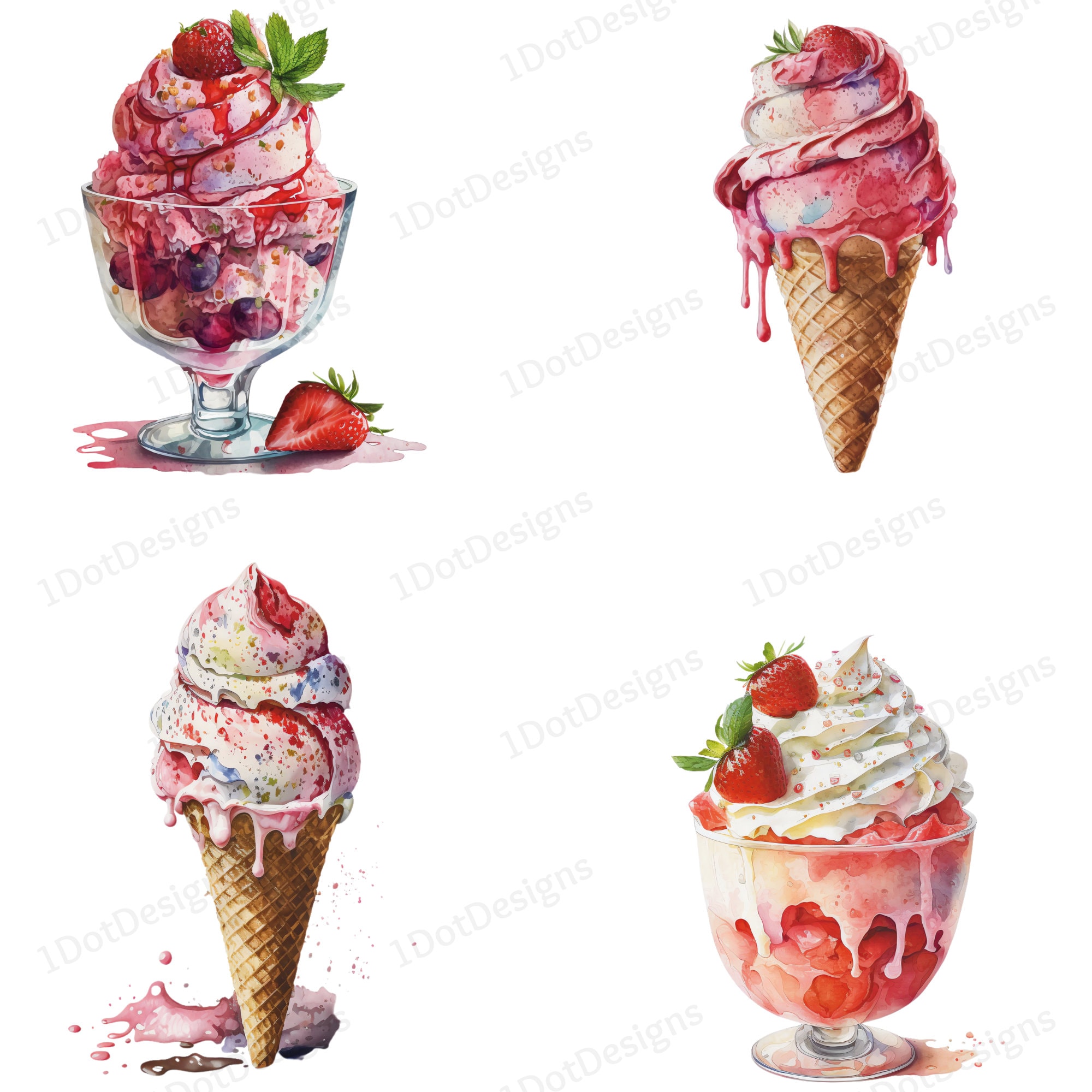 Strawberry Icecream Clipart Bundle, Summer PNG, Watercolor Clipart ...