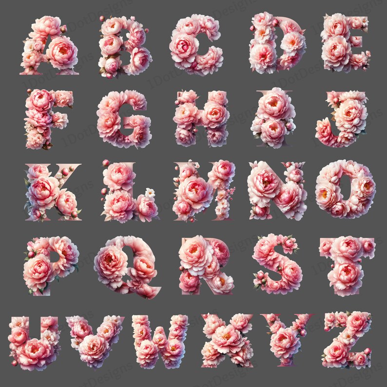 36 Pink Peony Alphabet Clipart Bundle, Pink Peony PNG, Letters Clipart ...