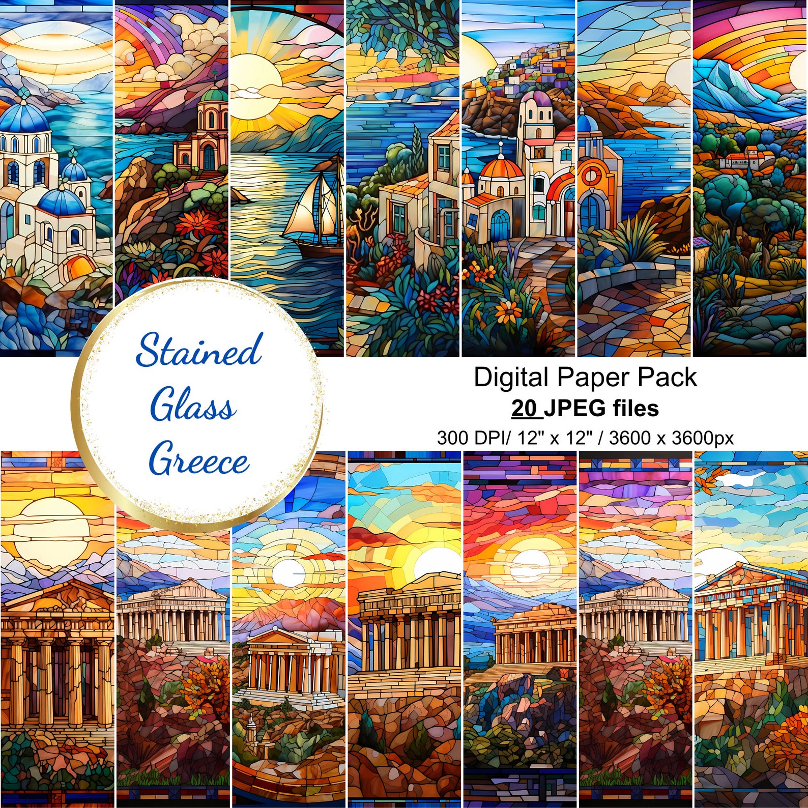 Stained Glass Greece Scenery Digital Paper, 20 Jpgs (digital Download ...