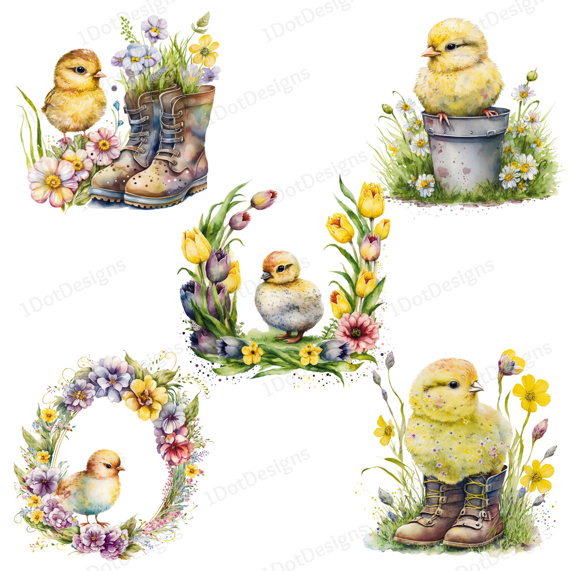 Floral Easter Chick Clipart Bundle, Easter PNG, Watercolor Clipart ...