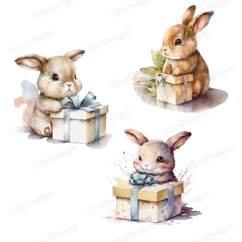 Bunny With Gift Box Clipart Bundle, Watercolor Clipart, Cute Bunnies ...