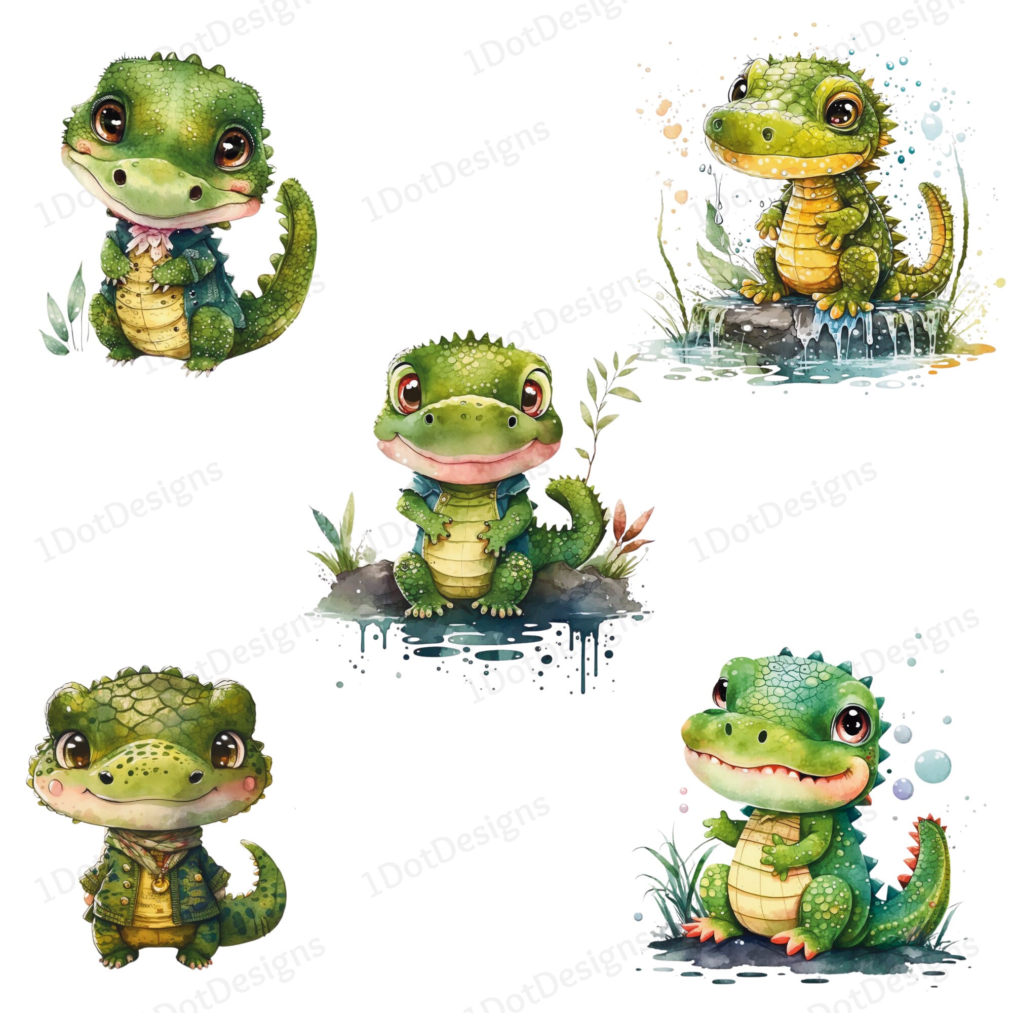Cute Baby Crocodile Clipart Bundle, Crocodile PNG, Dino Png, Watercolor ...
