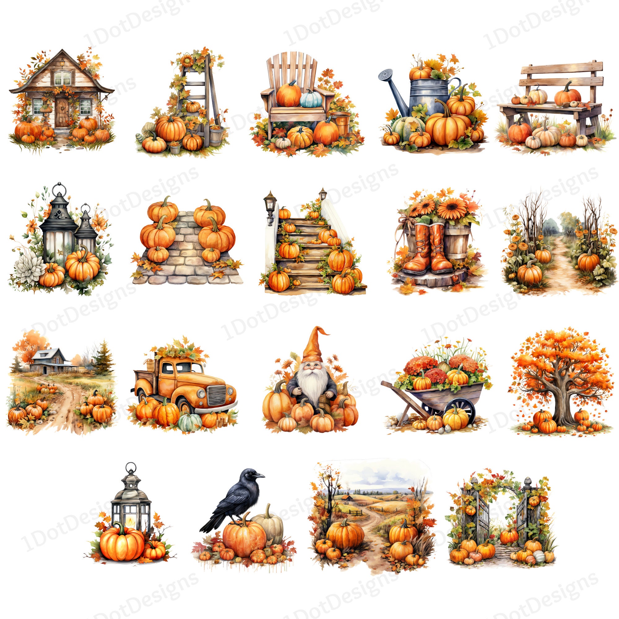 Halloween Farmhouse Clipart Bundle, Halloween PNG, Pumpkin Clipart ...