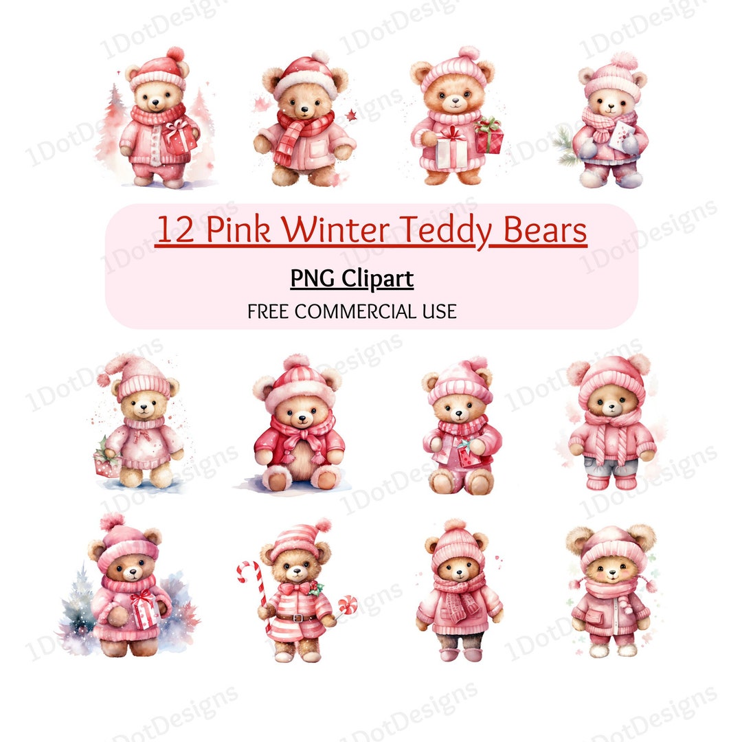 Pink Winter Teddy Bear Clipart Bundle, Christmas PNG, Christmas Clipart, Pink Teddy Bear, Baby ...