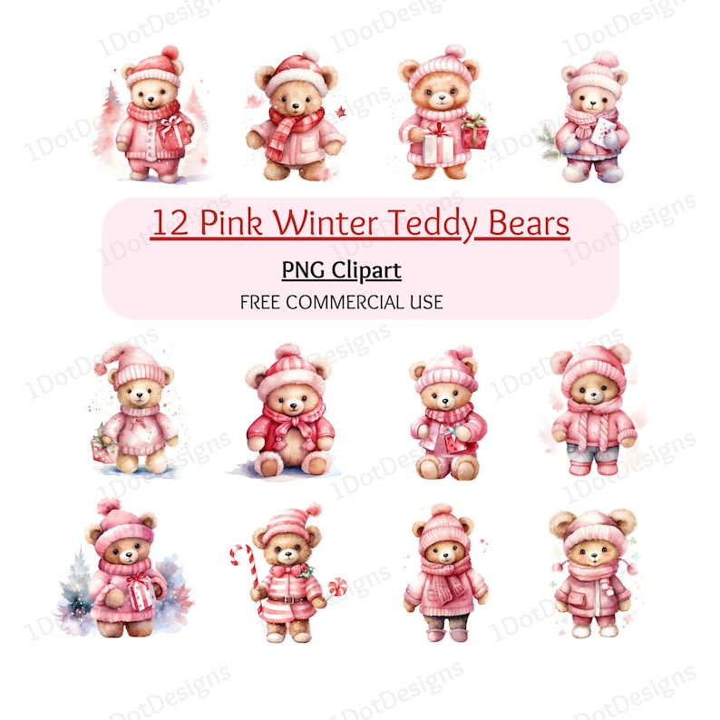 Pink Winter Teddy Bear Clipart Bundle, Christmas PNG, Christmas Clipart, Pink Teddy Bear, Baby ...