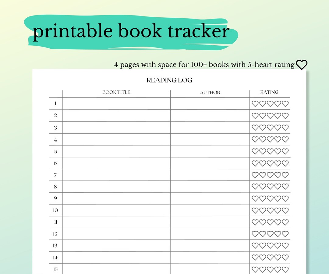 BOOK TRACKER Printable File | 5-heart Rating | Reading Log, Printable ...